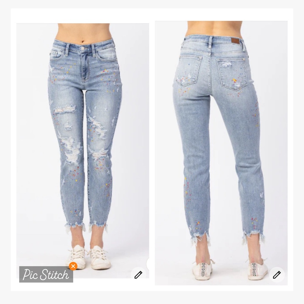 Judy Blue Paint Splatter Distressed Boyfriend Jeans - Gem